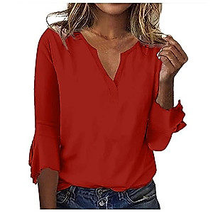 flash deals of The day Long Sleeve Tshirts Shirts for Women Fall Fashion 2023 3/4 Bell Sleeves v Neck Tunic Tops Casual Loose Fit Blouses Business Tops for Women Red 2X