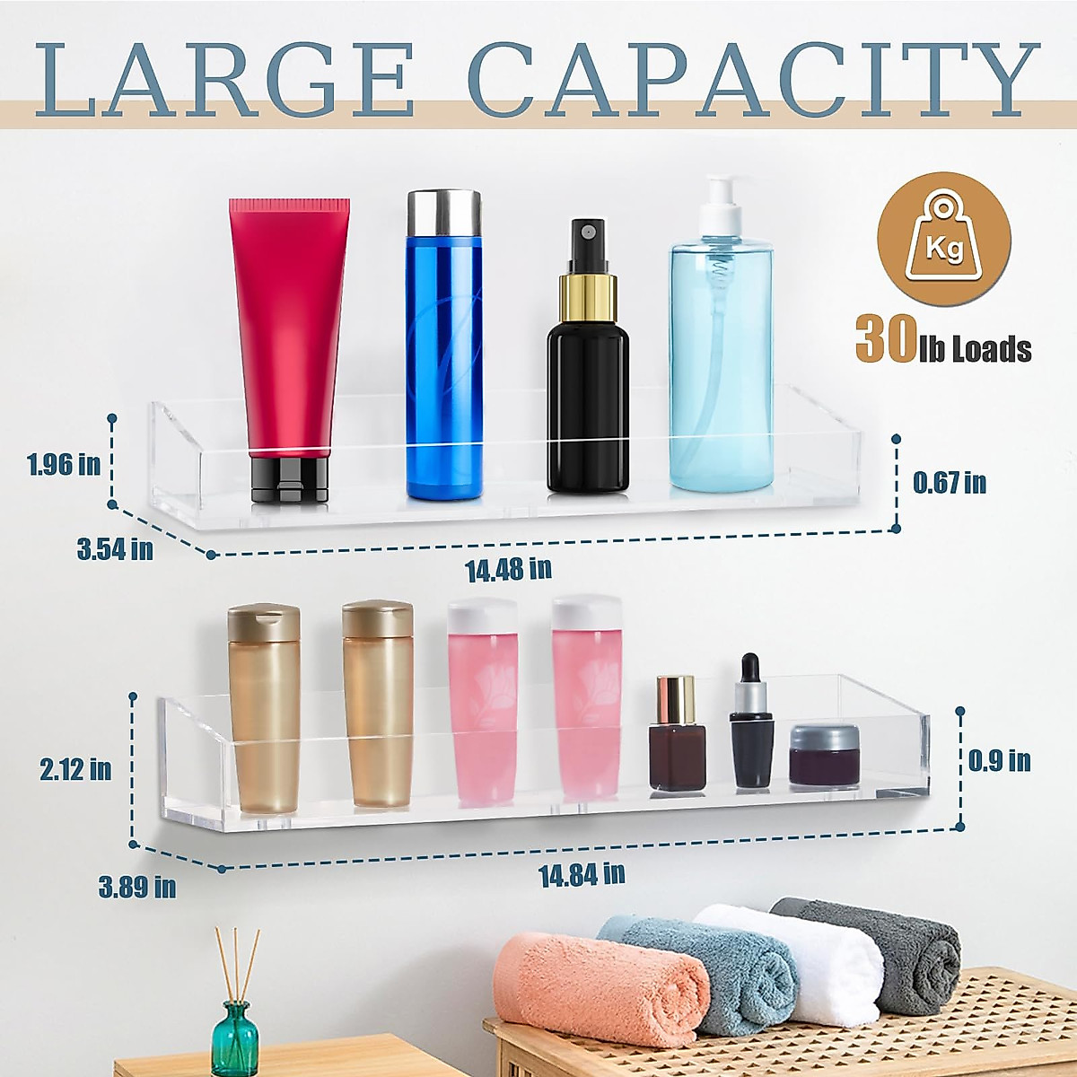 ClarityCraze 2 Pack Acrylic Bathroom Shelves, Clear Acrylic Shower Caddy Organizer, 15" Invisible Floating Shelves for Book/Figures/Photo/Makeup in Bathroom, Living Room, Bedroom, Kitchen