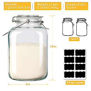 1 Gallon Airtight Glass Food Storage Jars Set of 2 with Lids, Extra Large Glass Storage Containers with Handle for Flour, Cereal, Coffee and Canning, Square Mason Jars with 8 Chalkboard Labels
