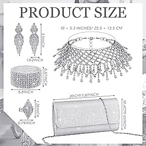 5 Pcs Silver Clutch Purses for Women Evening Rhinestone Jewelry Set Bling Clutch Purse Bag Rhinestone Necklace Ring Bracelet Earring for Women Party Wedding Bride Jewelry (Chain Style)