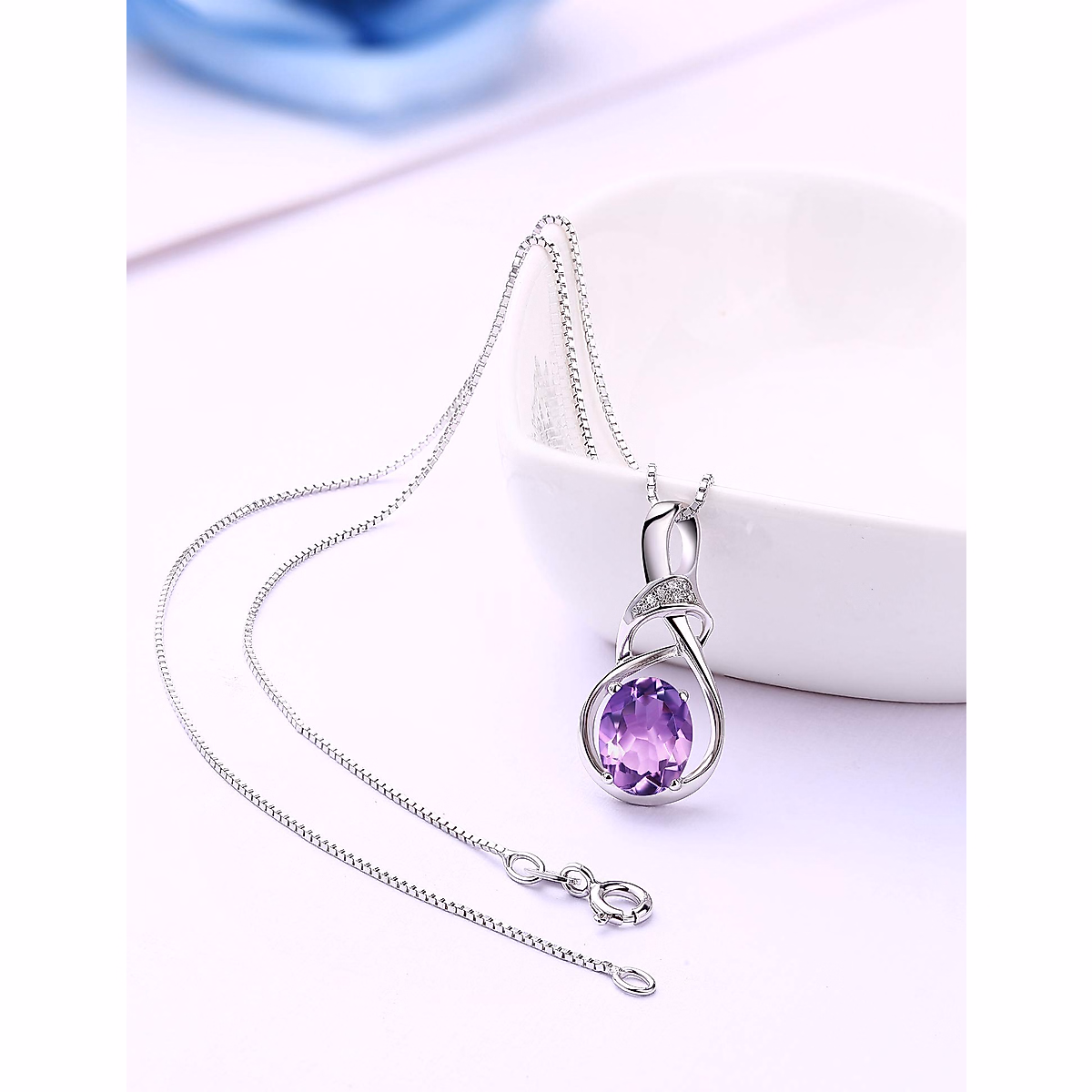 HXZZ Fine Jewelry Birthstone Gifts for Women Natural Gemstone Amethyst Sterling Silver Pendant Necklace Birthday Gift for Wife Mom Her