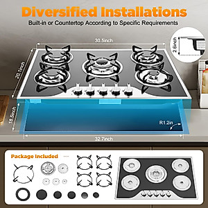5 Burner Gas Stove Cooktop, 30 Inch Built-in Gas Hob for LPG/NG Dual Fuel Convertible, Flame-out Protection, Tempered Glass Surface, Easy to Clean - Ideal for Home Kitchen Restaurant