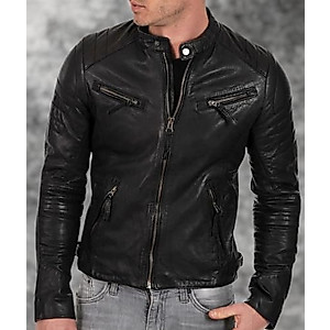 DECIMAL Men's Black & BROWN Genuine Lambskin Leather Biker Jacket VINTAGE REAL MOTORCYCLE JACKETS FOR MEN (L, BLACK)