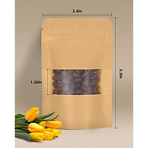Larzack 50pcs Kraft Bags with Window 3.5x5.5 Inches Brown Reusable Sealable Zip Lock Food Storage Stand up Paper Pouches for Home or Business