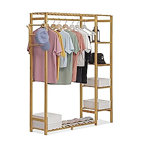 MoNiBloom Bamboo 6-Tier Garment Rack with Shelves Closet Coat Storage Organizer Clothes Hanging Rack with Pants Rack & Hooks for Bedroom, Living Room, Office, Mudroom, Natural