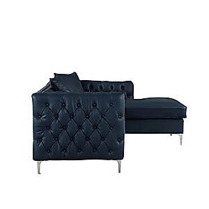 Iconic Home Da Vinci Right Hand Facing Sectional Sofa L Shape Chaise PU Leather Button Tufted with Silver Nailhead Trim Silvertone Metal Leg with 3 Accent Pillows, Modern Contemporary, Navy