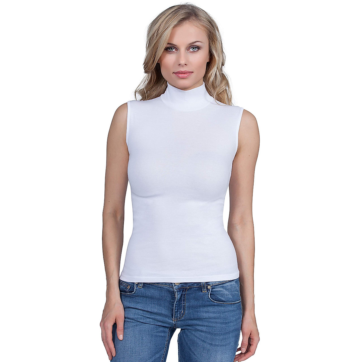 free spirit Basic Cotton Premium Quality 100% Cotton Women's Turtleneck Sleeveless Top. Proudly Made in Italy. (X-Large, Bianco)