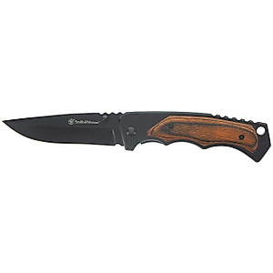 Smith & Wesson 8.5in S.S. Folding Knife with 3.7in Drop Point Blade and S.S. and Real Wood Insert Handle for Outdoor, Tactical, Survival and EDC