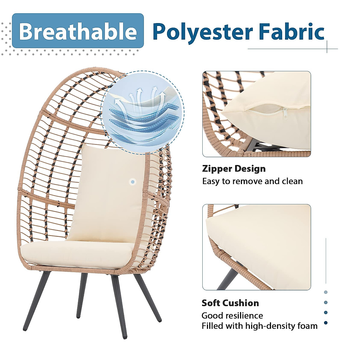 JOIVI Wicker Egg Chair, Oversized Indoor Outdoor Lounger Large Egg Basket Chair with Stand and Cushions for Patio Porch, Backyard, Living Room, Balcony (Beige Rattan, Creamy White Cushion)