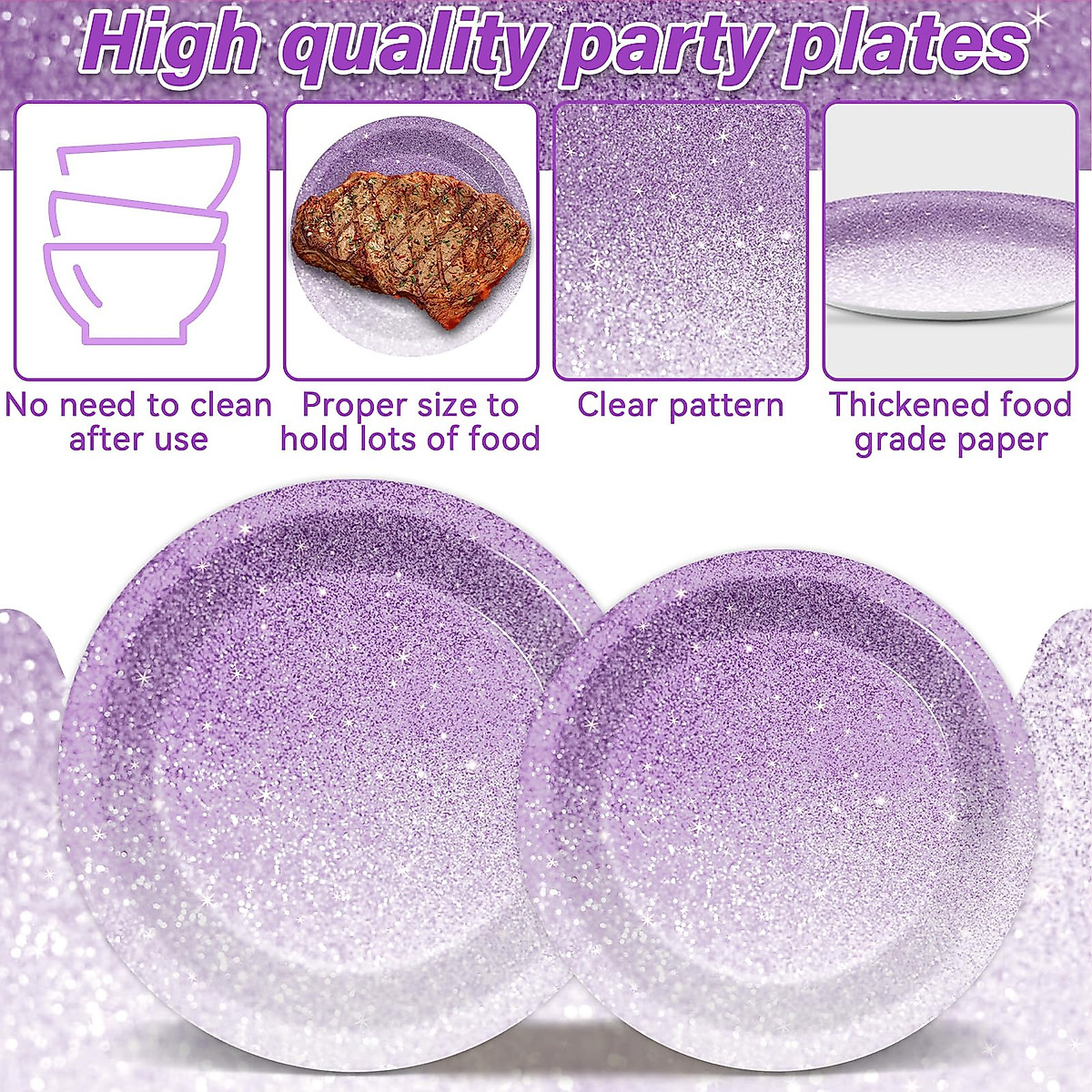 96 Pcs Ombre Purple Party Supplies Set for 24 Guests Gradient Pastel Purple Tableware Plates Dinnerware Table Decorations for Girl Woman Light Purple Sprinkle Wedding Birthday Anniversary Party Favors
