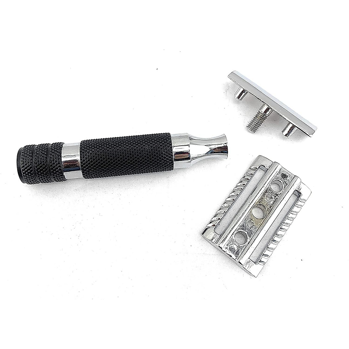 G.B.S Black Travel Shaving Brush, 4 Piece Travel Double Edge Safety Razor, and Leather Razor Case, Daily Beard Care, 10 pack of blades Snap Lock Prevent Razor Bumps