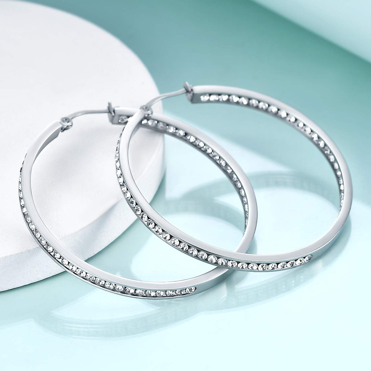 Women's Stainless Steel 2 Inch Inside-Out Crystal Cz Large Big Hoop Earrings Rhinestone Silver Tone Pierced Ladies Cubic Zirconia Hoop Earrings Hypoallergenic for Sensitive Ears