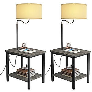 LityMax LED Floor Lamp with Table - End Table with USB Charging Port, Power Outlet, Bedside Nightstand Shelves, Side Table with Reading Standing Light for Living Room, Black Oak, Bulb Included, 2 Pack