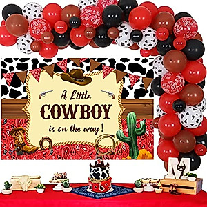 Western Cowboy Baby Shower Decorations for Boy, Red and Black Balloon Garland Arch Kit, A Little Cowboy Is on The Way Backdrop for Wild West Baby Shower Decorations