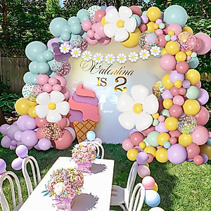 Amandir 162Pcs Daisy Balloon Garland Arch Kit, White Groovy Flower Pastel Balloon Arch Pink Yellow Blue Green Purple Balloons Daisy Banner for Birthday Baby Shower Bridal Wedding