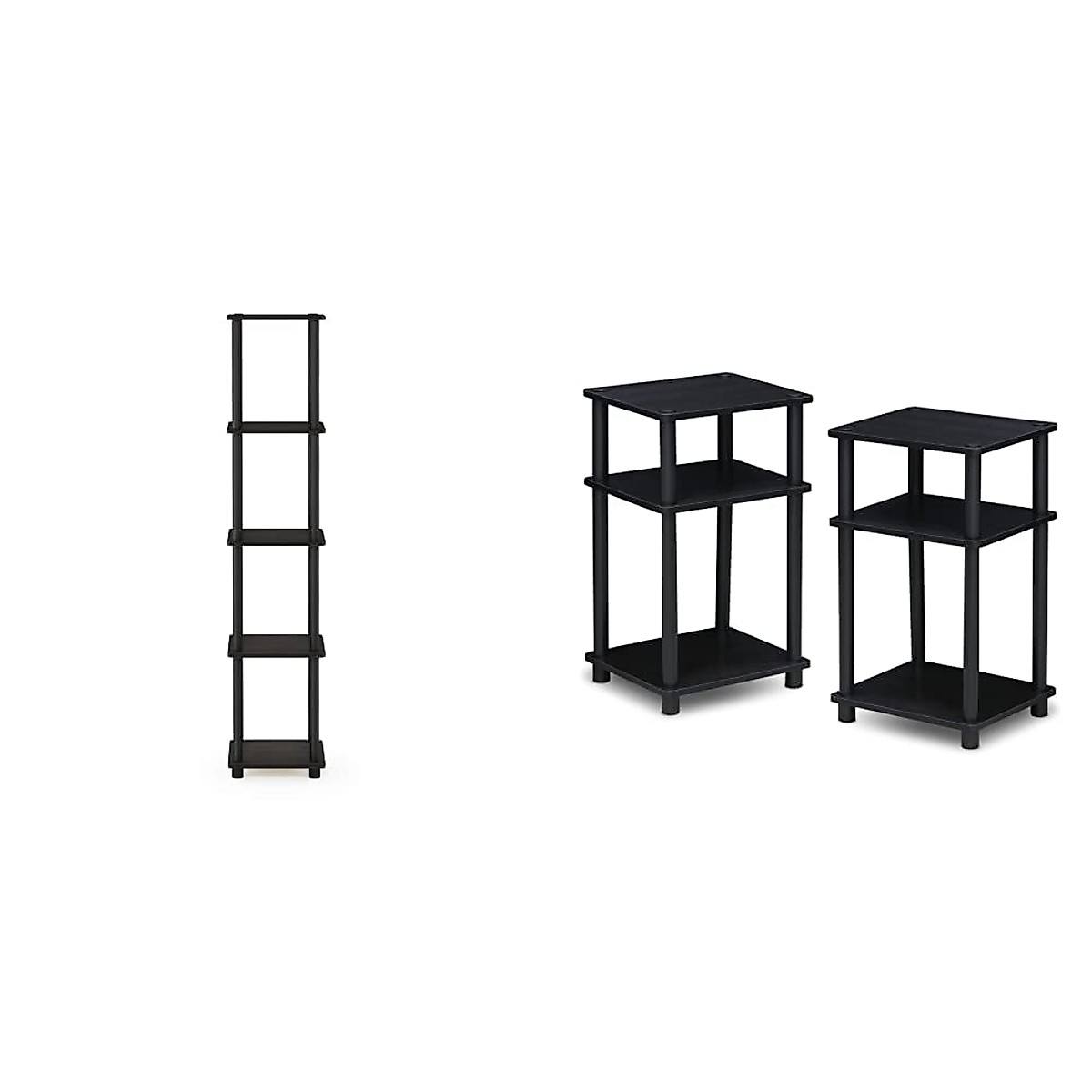 Furinno Turn-N-Tube 5-Tier Corner Square Rack Display Shelf, Round, Espresso/Black & Just 3-Tier Turn-N-Tube End Table/Side Table/Night Stand/Bedside Table, 2-Pack, Americano/Black
