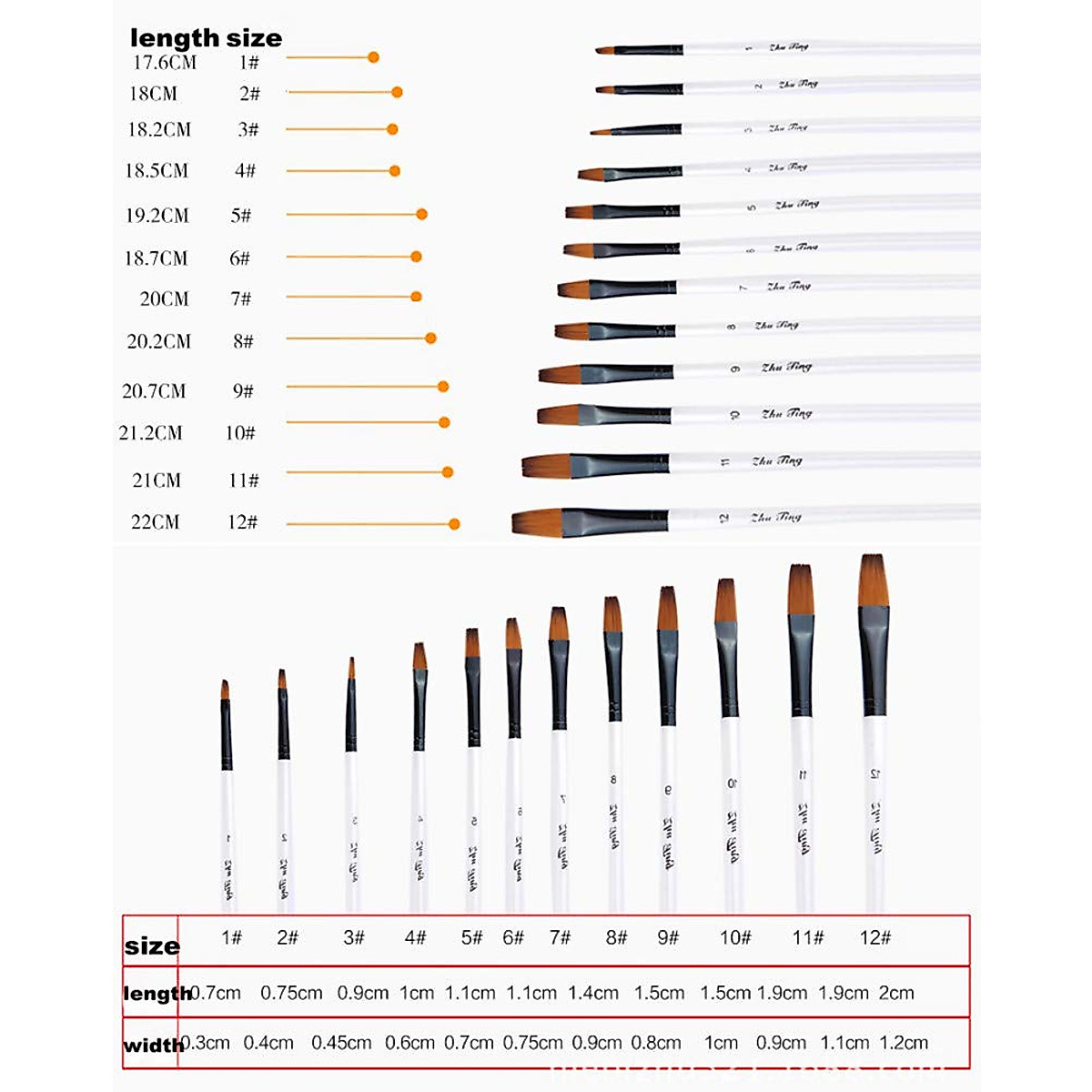 Flat Head Paintbrush Set Nylon Hair Paint Brush Set for Acrylic Oil Watercolor Painting Artist Professional Painting Kits (12pcs Pearl White Flat Head Brush Set)