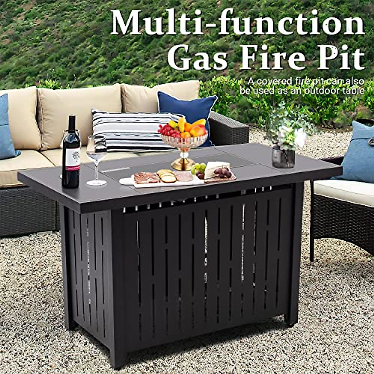 Greesum 43 Inch Outdoor Gas Fire Pit Table, 50,000 BTU Steel Propane Firepit with Wind Guard and Blue Glass Rock, Add Warmth and Ambience to Parties On Patio Garden Backyard, Black