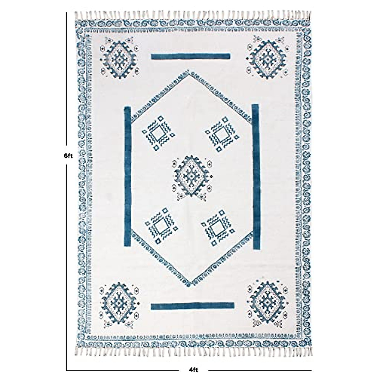 Casavani Hand Block Printed Cotton Dhurrie Geometric Tassel Rug Boho Area Rug Easy Care Washable Rugs for Doormat Entryway Living Room Bedroom Hallway Balcony 12x15 Feet