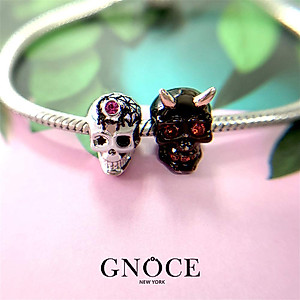 GNOCE [2 Pack] "Classic Skull Set" Charm Set Sterling Silver with Rhodium Plated Black Devil Skull Spider Web Skull Combination Charm Bead Fit Bracelet/Necklace Halloween Jewelry Gift for Women Mens