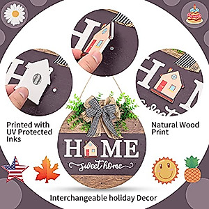 Interchangeable Welcome Sign for Front Door with 14 Changeable Icons, Farmhouse Front Porch Decor Rustic Wooden Wall Sign with 12 LED Lights, Outdoor Seasonal Welcome Home Decorations (Wood home1)
