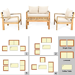 HAPPYGRILL 4 Piece Patio Furniture Set Outdoor Conversation Set Wood Sofa Table Set with Cushions, Acacia Wood Chairs & Coffee Table Set for Garden Backyard Poolside