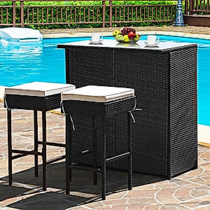 Cemeon Outdoor Bar 3-Piece Patio Bar Set with Two Stools and Glass Top Bar Table Brown Wicker Patio Furniture with Removable Cushions