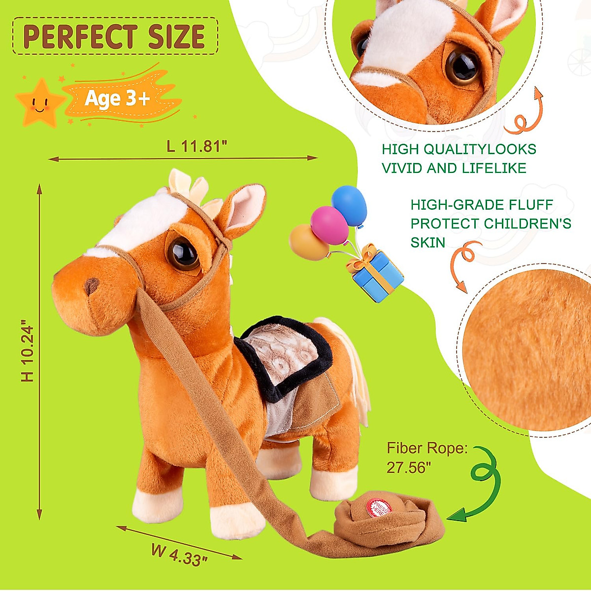 Brown Walking Pony Plush Interactive Pony Toy Singing Dancing Musical Realistic Pony Pet, Stuffed Animal Shaking Leash Horse Toy Head Buttocks Toy for Boys Girls or Toddlers