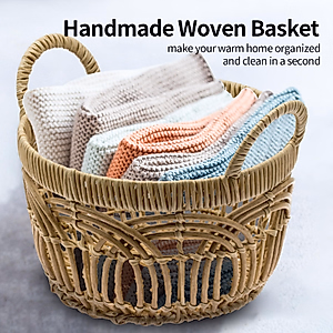 Handmade Woven Round Plastic Basket with Handle - Home Organizing, Storage Baskets, Shelf Basket, Cloth Storage, Toy Storage, Decorative Storage - Medium