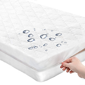COZYCUDDLES Premium Zippered Quilted Waterproof Crib Protector Cover - All 6-Sides Waterproof Fully Encasement - Standard Baby Crib Toddler Bedding (52" x 28"), White, ‎CC-01