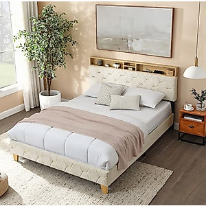 Klwenas Maec Queen Size Bed Frame,Modern Fabric Platform Bed Frame with Outlet & USB Ports,Storage Headboard,Heavy Duty Mattress Base,Wooden Slat Support,No Box Spring Needed (Beige, Queen)