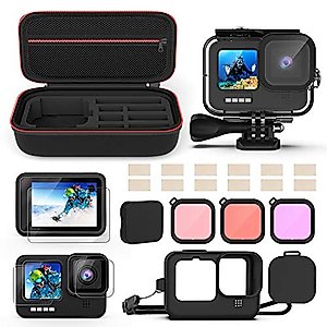Underwater Waterproof Housing Case Bundle, Waterproof Case+Tempered Glass Screen Protector+ Silicone Case+ Carrying Case+ Anti-Fog Inserts+ Snorkel Filters