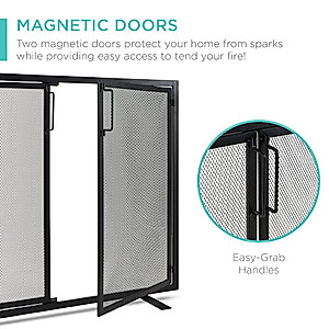 Best Choice Products 38.5x31in 2-Door Fireplace Screen, Handcrafted Wrought Iron Decorative Mesh Geometric Fire Spark Guard w/Magnetic Panels - Black
