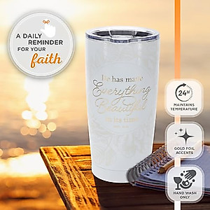 Christian Art Gifts Large Travel Tumbler for Women Stainless Steel Vacuum Insulated Inspirational Scripture: Everything Beautiful, Retractable Lid, Ivory White Floral, 18 oz.