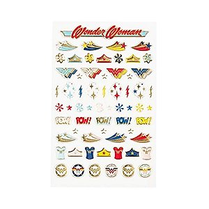 Wonder Woman x Erin Condren Designer Sticker Sheet - Classic Wonder Woman Epoxy High Gloss Stickers - 64 Stickers on Gold Foil Sheet for Customizing Planners, Notebooks, and More