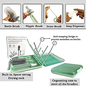 6 in 1 Baby Bottle Cleaning Brush Set : Silicone Bottle Brush, Nipple Brush, Straw Brush, Baby Bottle Drying Rack Space Saving, Soap Dispenser, & Storage Box. Newborn Essentials Must Haves. Green