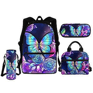 HELLHERO Butterfly Backpack for Girls 6-8 14-16 Kids School Bag Set with Lunchbox Pencil Case Water Bottle Sleeve Elementary Schoolbag Primary Middle School Bookbag Rose Back Pack