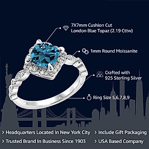 Gem Stone King 925 Sterling Silver London Blue Topaz and Moissanite Solitaire Engagement Ring For Women | 2.19 Cttw | Cushion Cut 7MM | Gemstone Birthstone | Available in Size 5, 6, 7, 8, 9