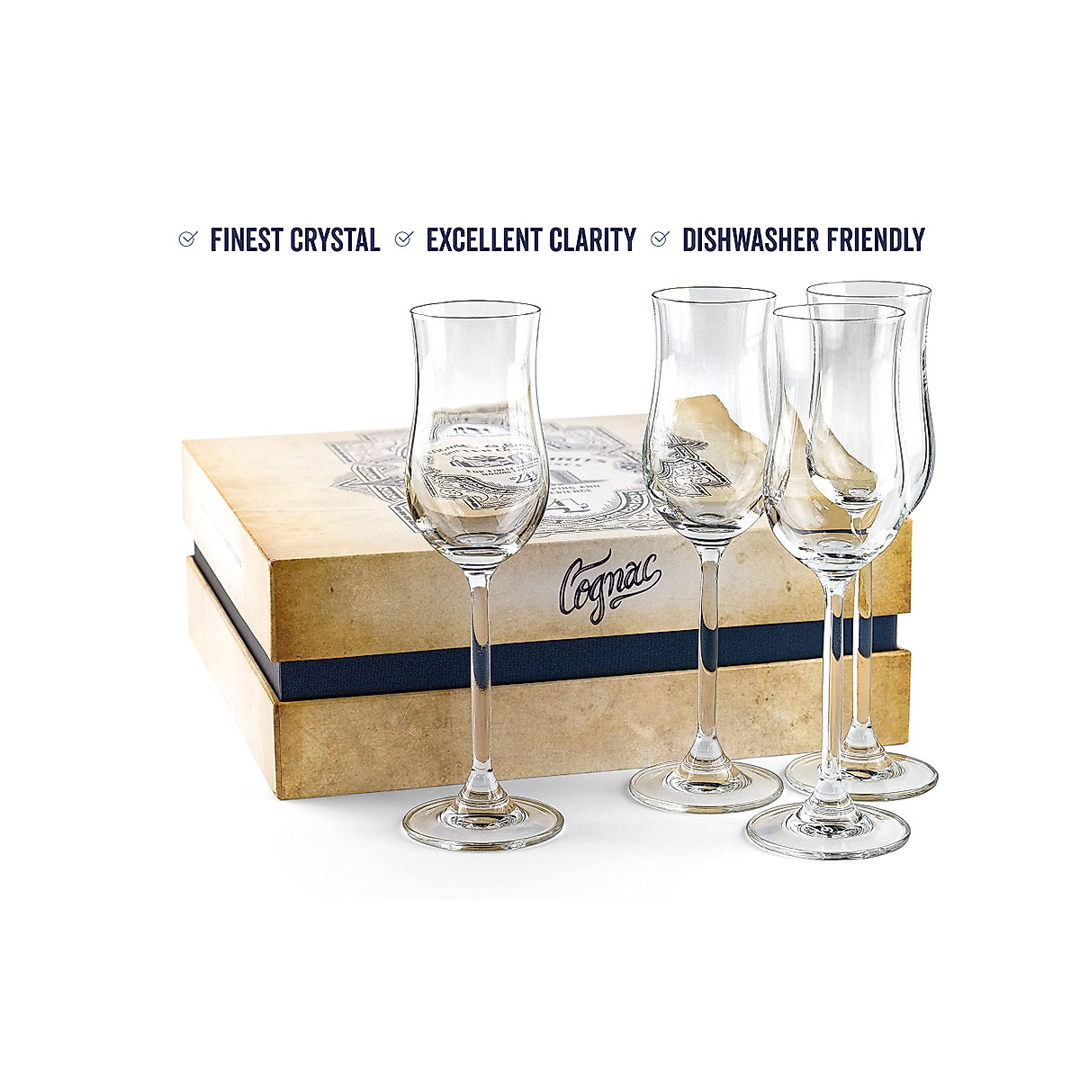 GLASSIQUE CADEAU Cognac, Brandy, Tequila and Dessert Wine Snifter Glasses | Set of 4 Small Tasting Tulip Copitas for Sipping Spirits, Madeira, After Dinner Drinks