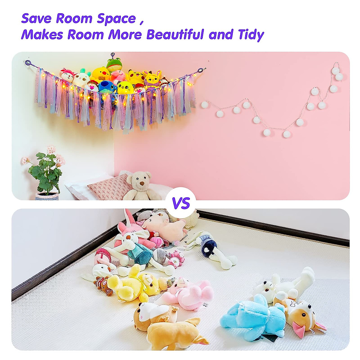 ieBabay Stuffed Animal Net or Hammock with Led Light, Boho Stuffed Animal Storage Organizer, Plush Toy Hammock Net, Hanging Plushie Net, Toddler Hammock for Nursery Room Decor