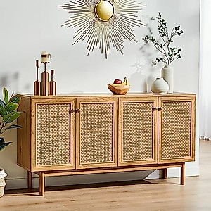 AMERLIFE 63" Sideboard Buffets Cabinet, 2-Adjustable Shelves Sideboard with 4 Doors, Large Accent Storage Credenzas for Living Room, Dining Room, Bedroom, Natural