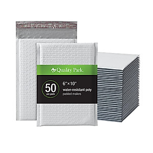 Quality Park Bubble Mailers, 6 x 9 Shipping Envelopes, Water Resistant White Poly Padded Envelopes, Redi-Strip Peel Off Closure, 50 Per Box (QUA85856)
