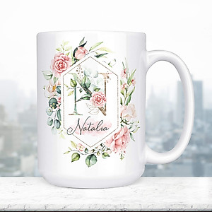 Pink Roses Floral Monogram Initial Coffee Mug | Pretty Spring Floral Bridesmaid Gift Microwave Dishwasher Safe Personalized Cup