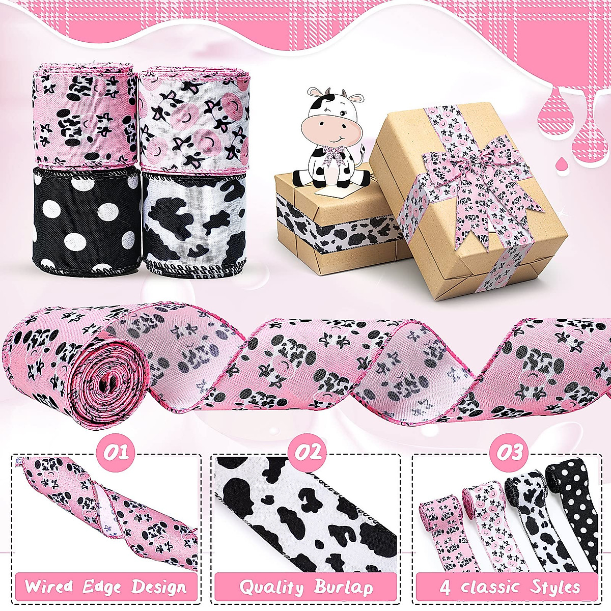 4 Rolls Cow Print Burlap Ribbons Wired Edge Black and White Striped Dot Wrapping Ribbons Pink Strawberry Cow Ribbons for DIY Crafts, Gift Decoration, Home Decor, Party Favor - 2.5 Inch by 24 Yard
