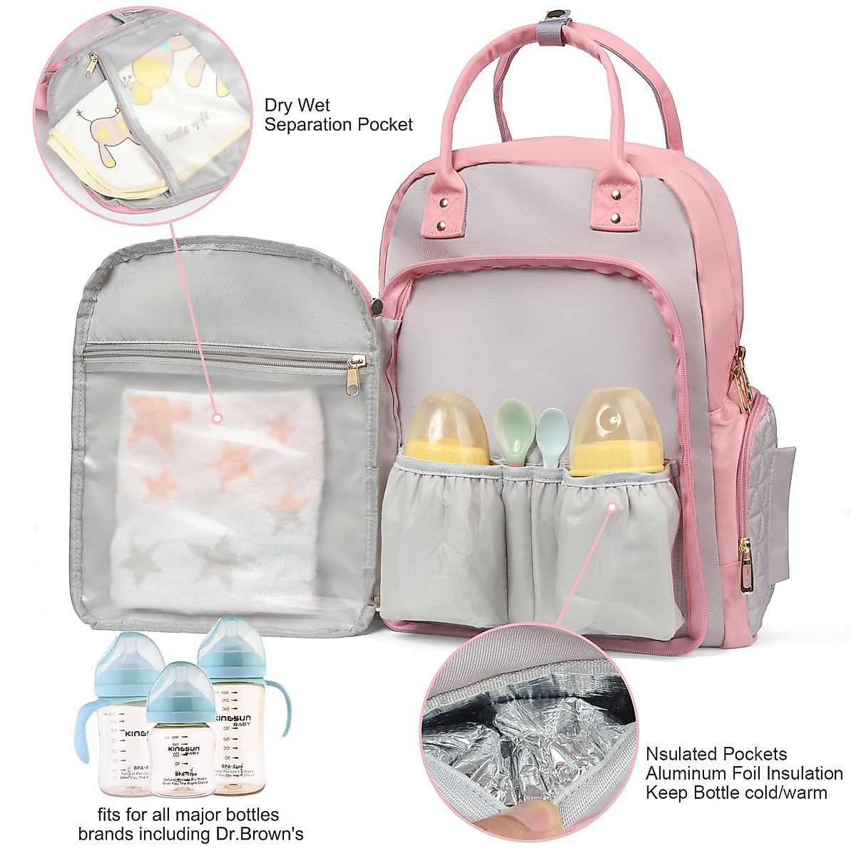 AOMAY Diaper Bag Backpack - Mommy bag for hospital, Travel backpacks, Large Capacity, Multifunctional - Baby Essentials(Pink)