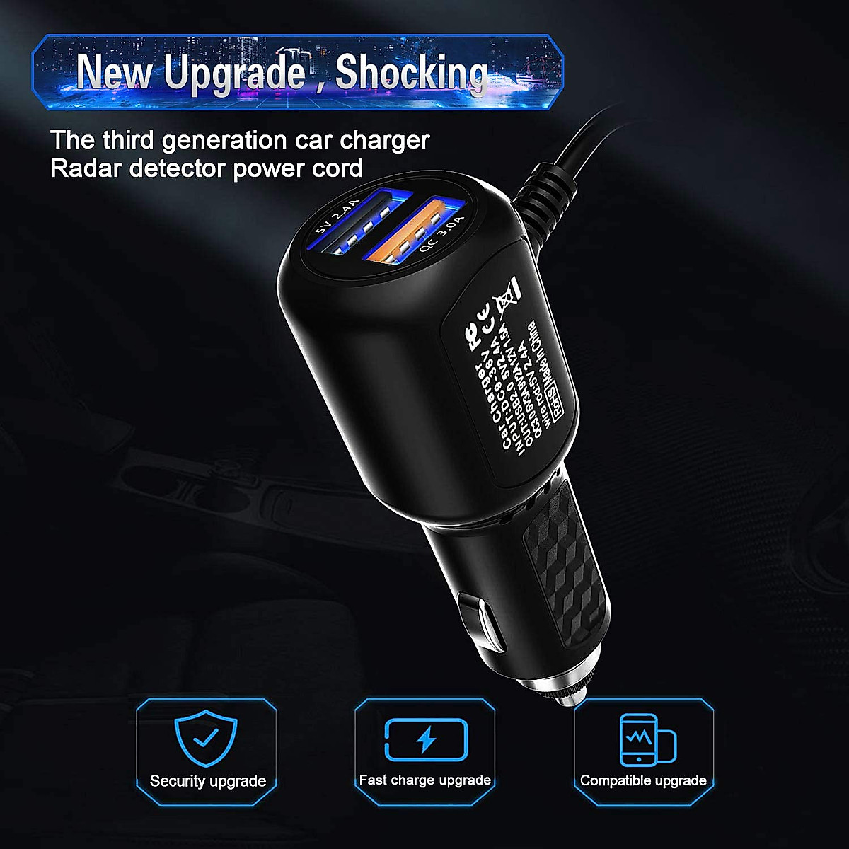 Radar Detector Power Cord,for Unide n Escor t Valentine Beltronics Passport Cobr a etc Radar Detector,with Dual USB QC3.0 Quick Charger(6.5ft) (RJ11QC3.0)