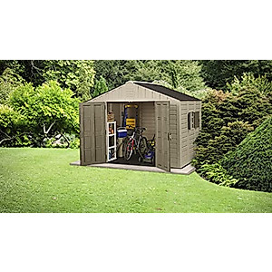 Keter Stronghold 10x8 Large Resin Outdoor Shed for Patio Furniture, Lawn Mower, and Bike Storage, Taupe
