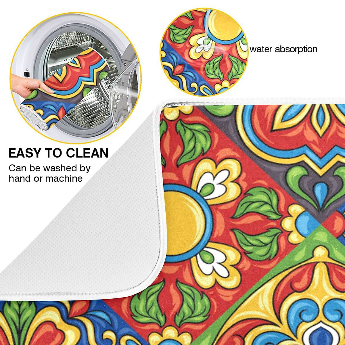 Mexican Talavera Tile Dish Drying Mat for Kitchen Counter, Microfiber Dish Drainer Mat for Kitchen Countertop 18 x 24 inch