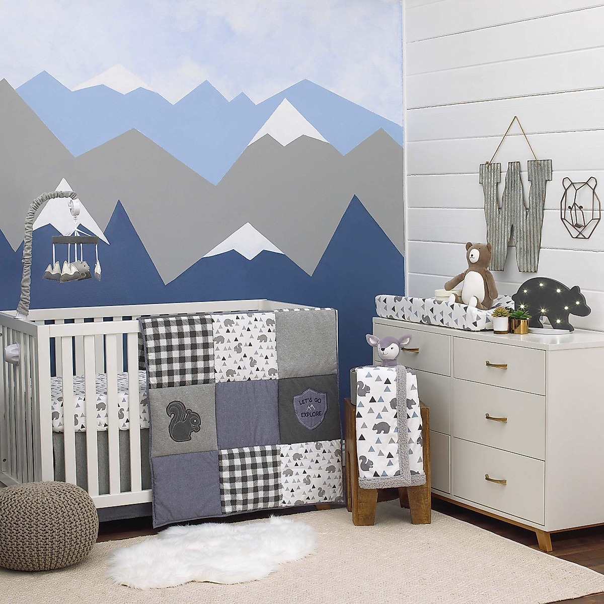 NoJo Mountain Patchwork - Grey, Denim, Slate Blue, Charcoal 4 Piece Nursery Crib Bedding Set- Comforter, 100% Cotton Fitted Crib Sheet, Dust Ruffle, Baby Blanket