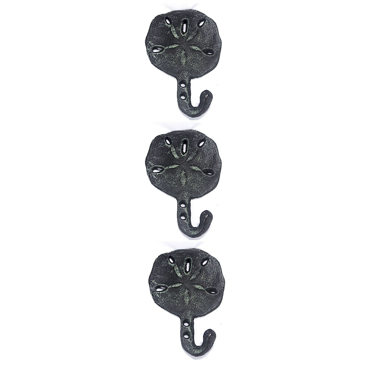 Sand Dollar Shell Wall Hangers Cast Iron Antique Brown - Set of 3 for Coats, Aprons, Hats, Towels, Pot Holders, More